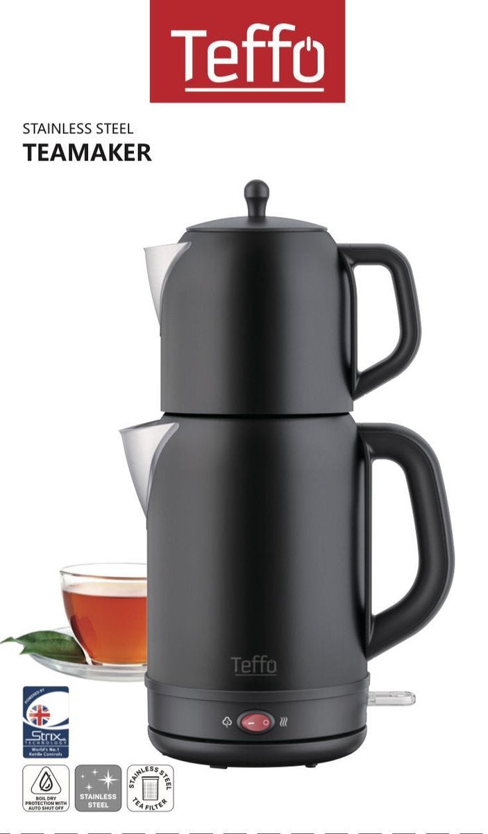 Teffo Electric Teapot - Black - Stainless Steel - 1L + 1.7L - 360° Bas